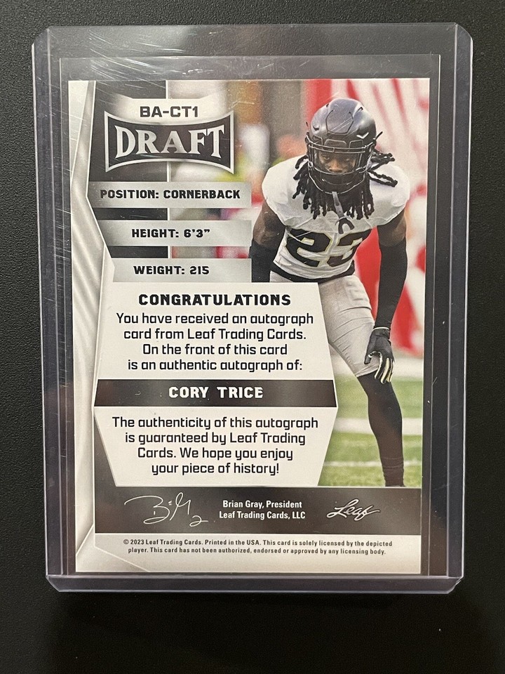 CORY TRICE AUTOGRAPH ROOKIE 2023 Leaf Draft XRC Green #BA-CT1 Steelers ...