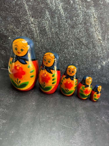 Old Matryoshka Hand Crafted 5 piece Russian Nesting Doll 4 1/2" Label ...