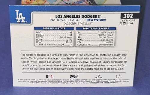 2025 TOPPS SERIES 1 BASEBALL 1/1 PLATINUM FOILFRACTOR DODGERS TEAM CARD ...