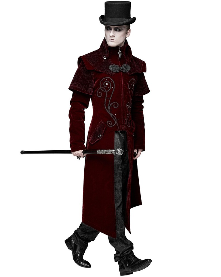 Devil Fashion Mens Long Gothic Coat Jacket Red Velvet Damask Steampunk ...
