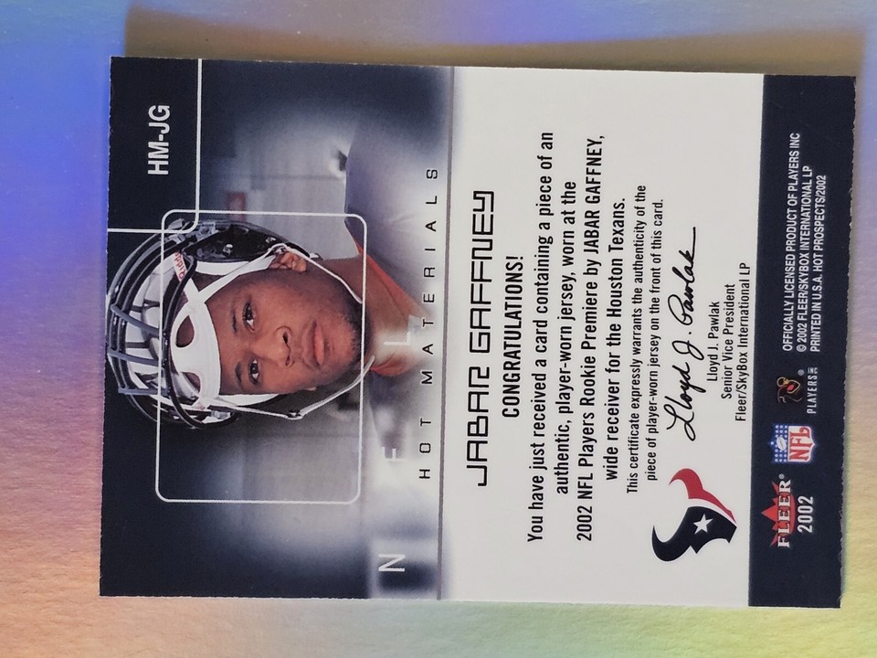 2002 Fleer Hot Prospects #HM-JG Jabar Gaffney Hot Materials Jersey Card ...