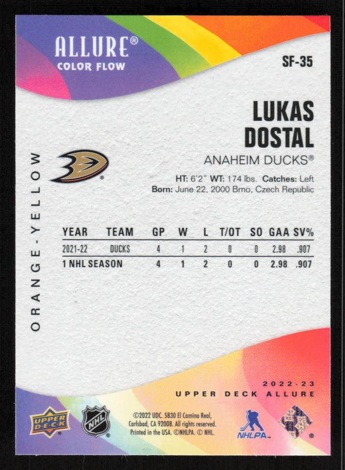 2022-23 Upper Deck Allure Color Flow Orange Yellow #SF-35 Lukas Dostal ...