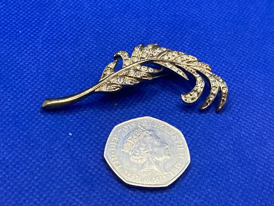 Vintage Gold Tone Metal & Clear Stone Feather Brooch | eBay UK