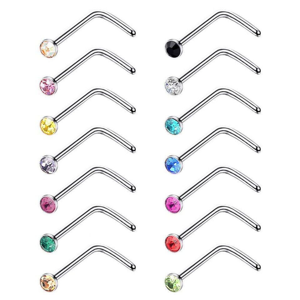 70pcs Surgical Steel Nose Ring L-Shaped Colorful CZ Labret Lip Nose Ear ...
