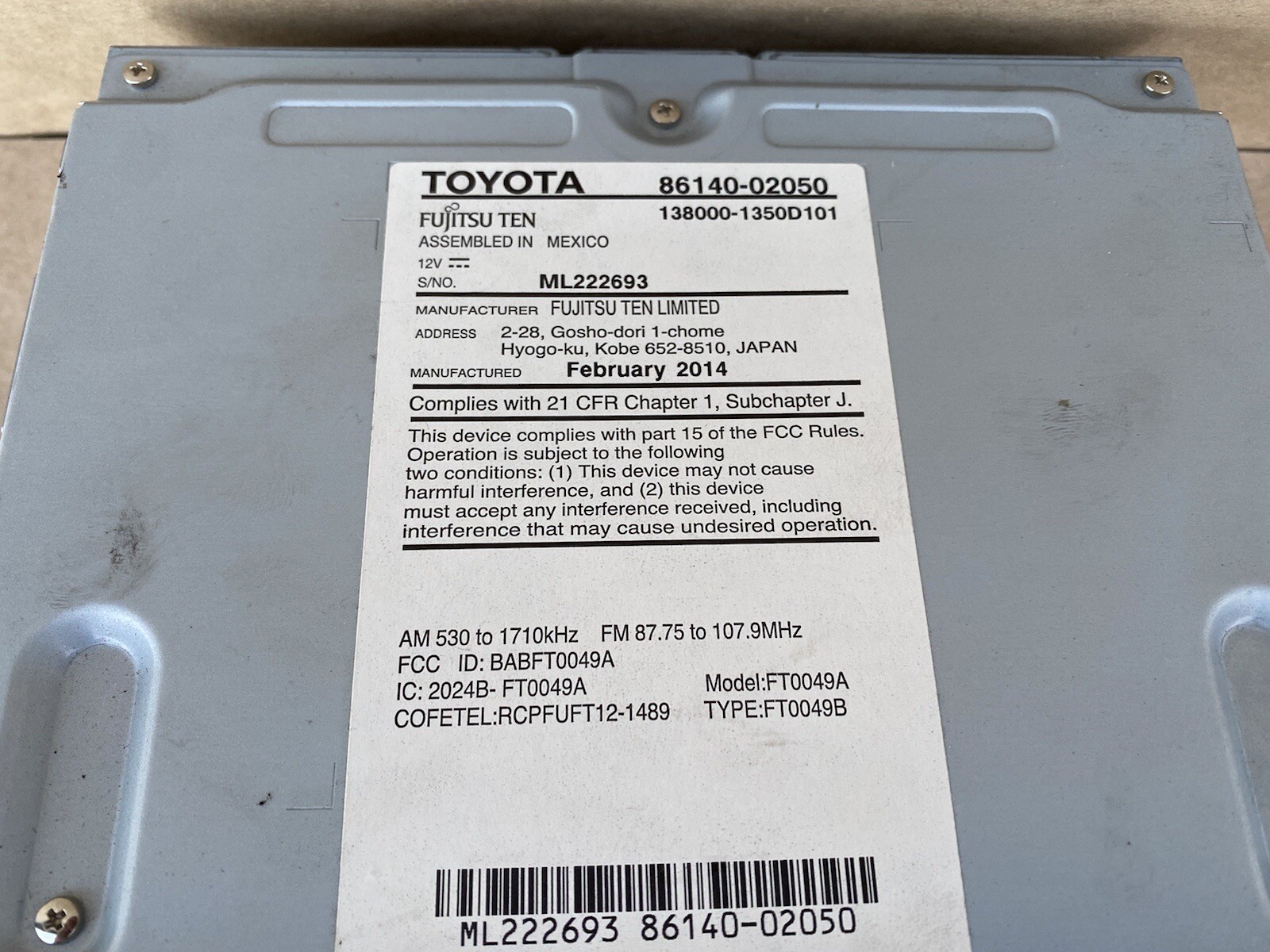 2014-2016 Toyota Corolla OEM Touch Screen CD Player Head Unit 86140 ...