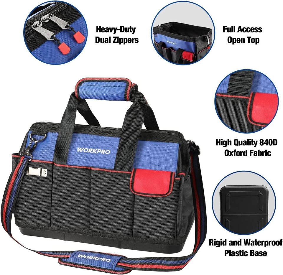WORKPRO 18'' Tool Bag Zipper Wide Mouth Open Top Tool Organizer Case ...