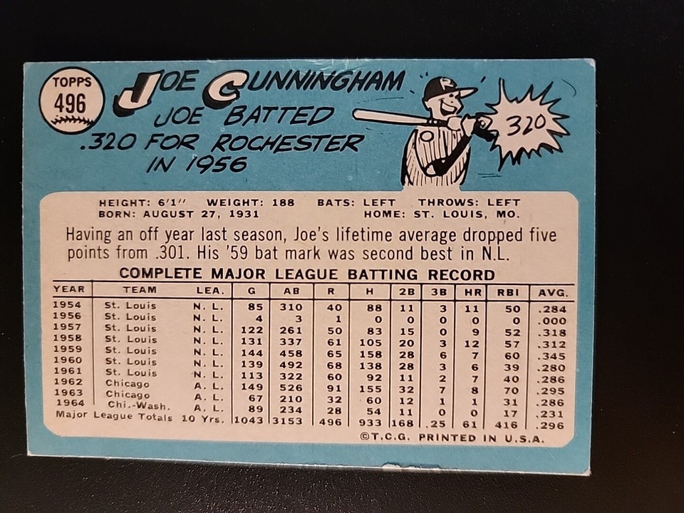 1965 Topps #496 Joe Cunningham Washington Senators | eBay