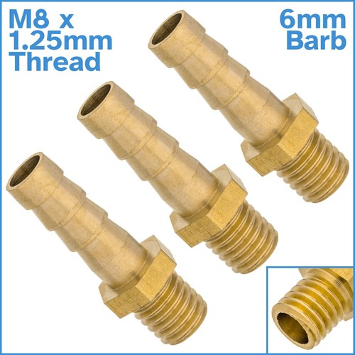 3x Brass 6mm Barb Hose To M8 x 1.25mm Male Threaded Pipe Fitting Tail ...