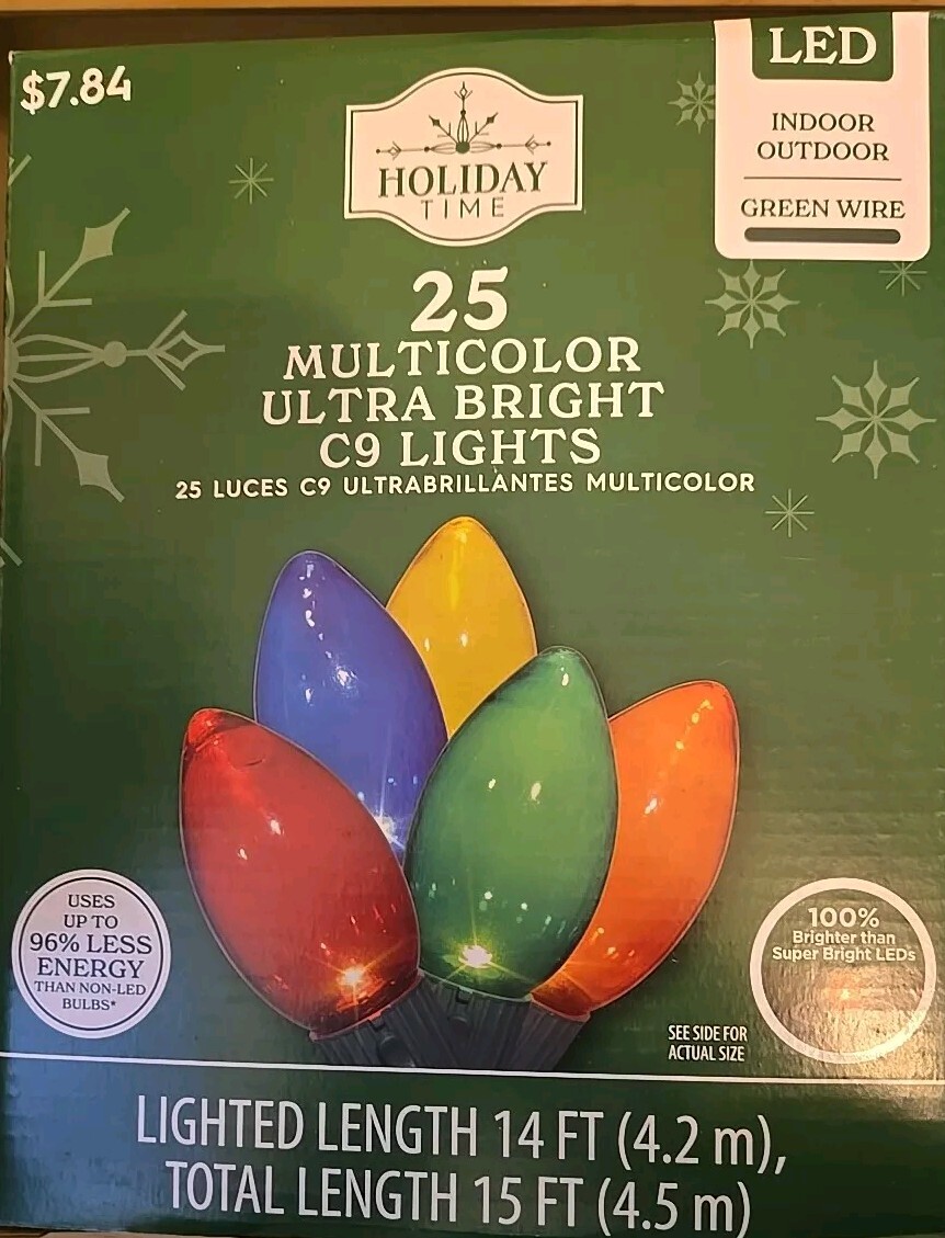 25 Multi-Color Ultra Bright C9 LED Christmas Lights Holiday Time Green ...