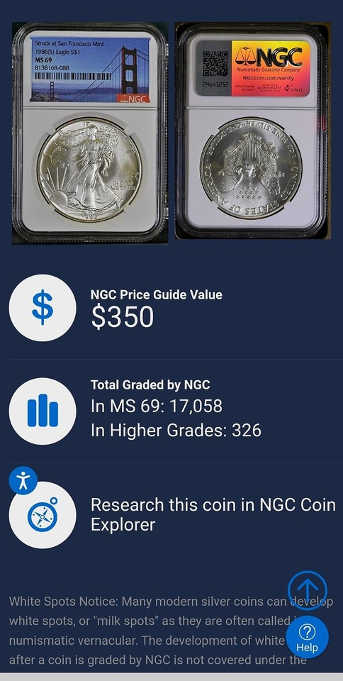 1986 (S) American SILVER Eagle NGC MS69 #008 Struck at San Francisco ...