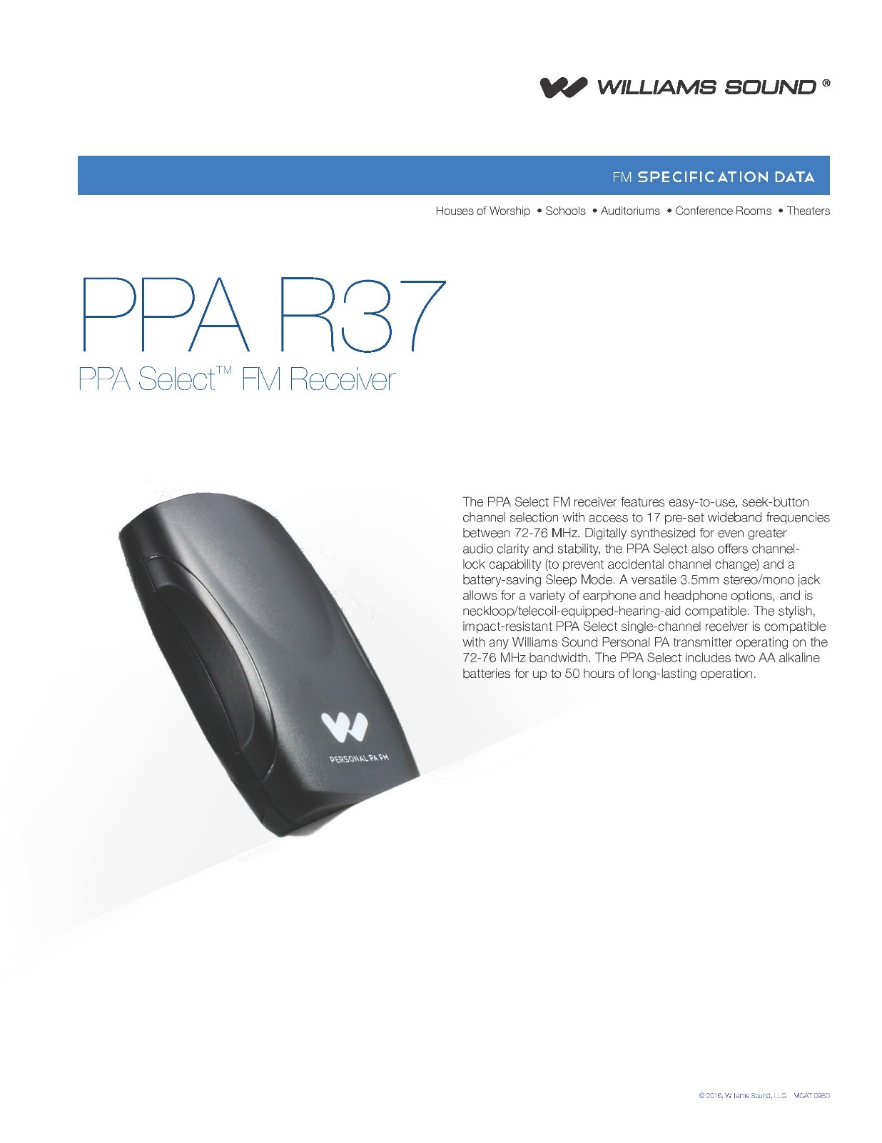 Williams Sound PPA R37N Personal PPA Select FM Receiver with CLP 015 ...