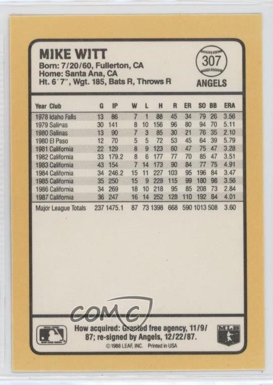 1988 Donruss Baseball's Best Box Set Mike Witt #307 | eBay