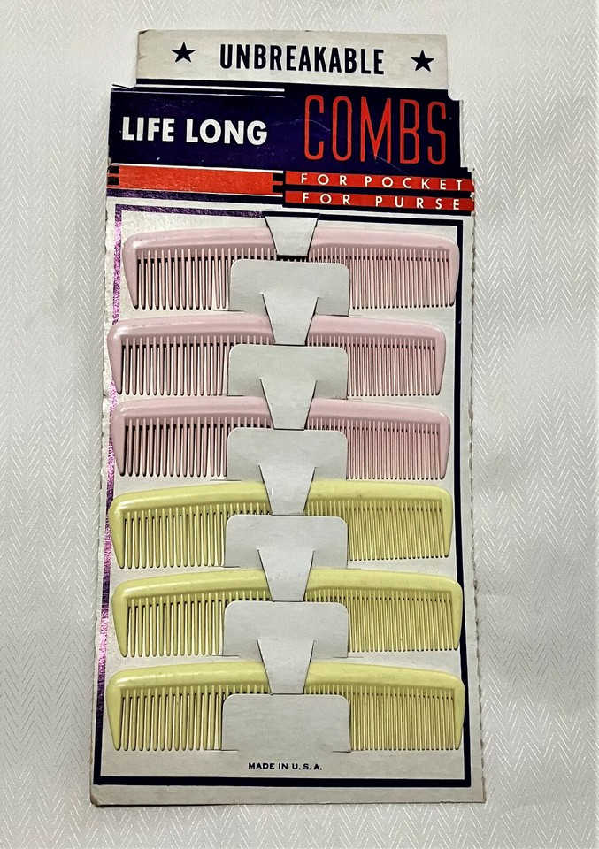 VINTAGE Store Display 6 UNBREAKABLE 5" Combs "for pocket or purse" Made ...