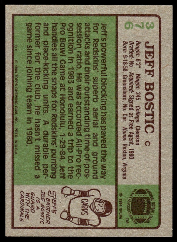 1984 TOPPS JEFF BOSTIC WASHINGTON REDSKINS #376 | eBay