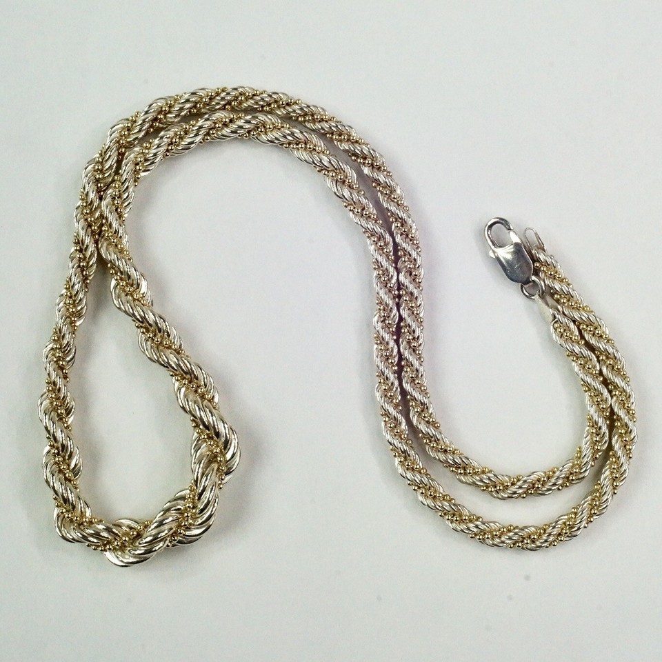 Graduated sterling silver rope chain necklace w/gold tone ball bead ...