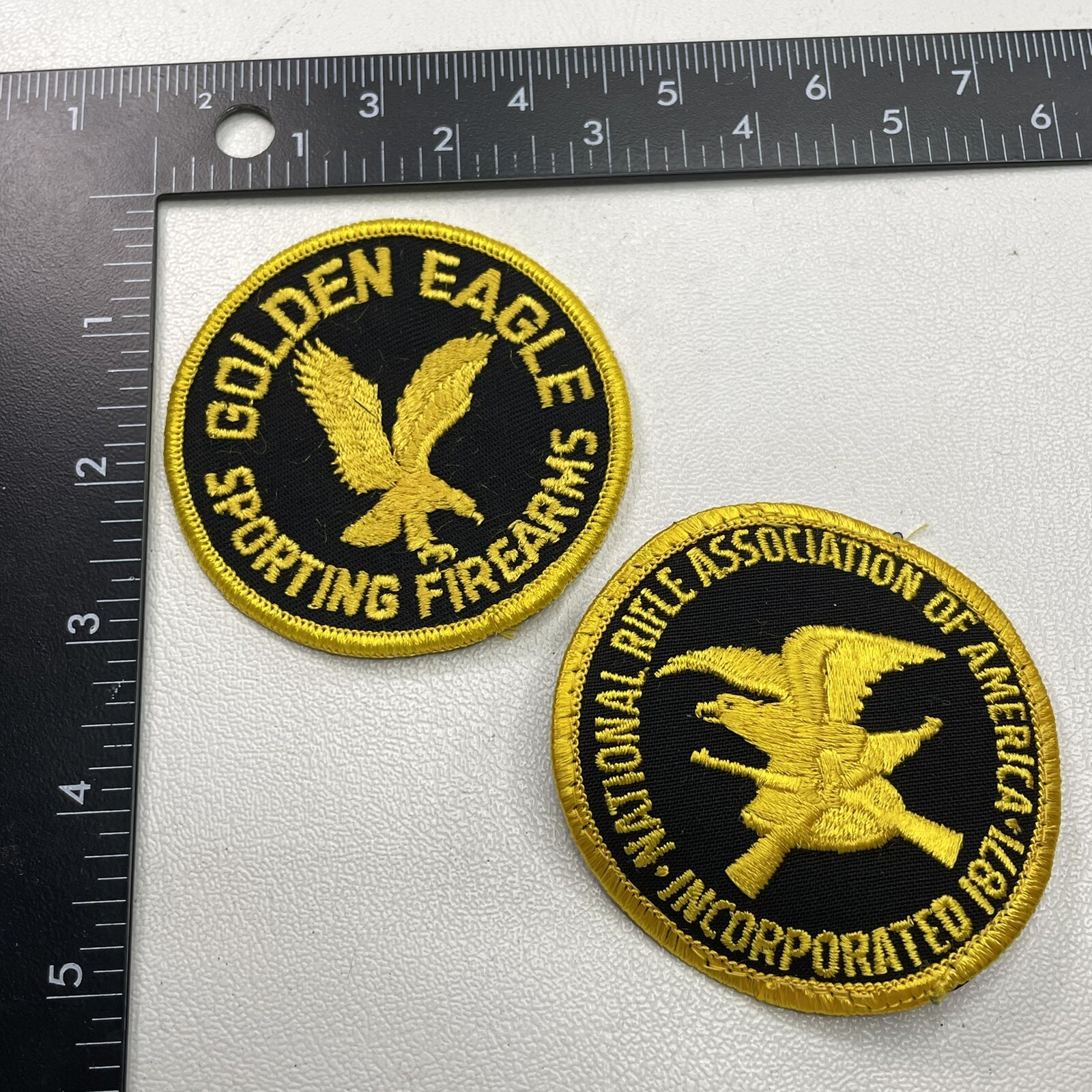 Vtg 2 Yellow & Black Gun Patches Inc. GOLDEN EAGLE SPORTING FIREARMS ...