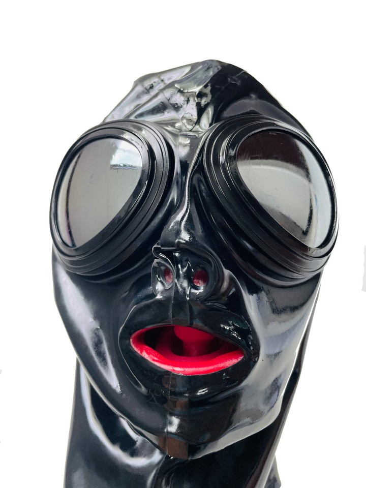 Latex Gummi mask with eye glass 15cm long nose tube red teeth back zip ...