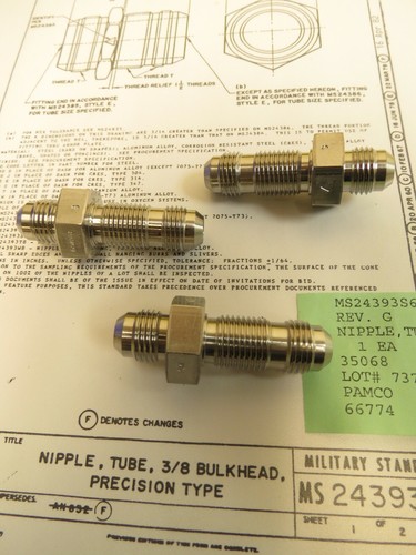 (3) MS24393S6 (Type 347 Stainless) 3/8” Tubing Bulkhead Union Aircraft ...