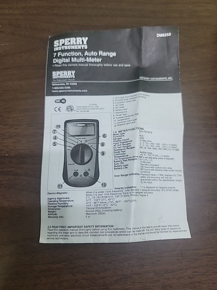 SPERRY INSTRUMENTS DM-6250 DIGITAL MULTIMETER 7 function auto range | eBay