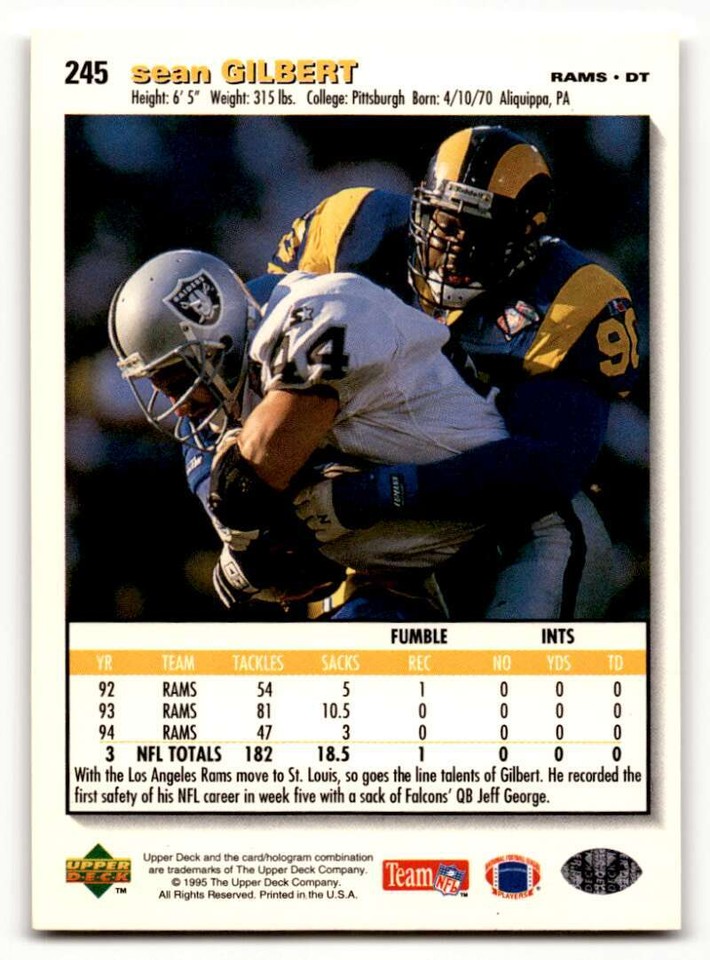 1995 Collector's Choice #245 Sean Gilbert St. Louis Rams Football Ca ID ...