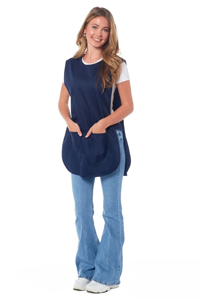 Ladies Plain Matching Piping Tabard Apron with Pocket Overall Kitchen ...