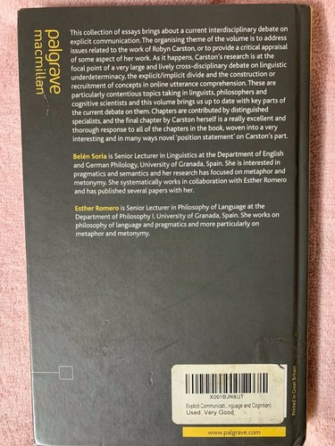Explicit Communication: Robyn Carston's Pragmatics by B Soria: Used ...