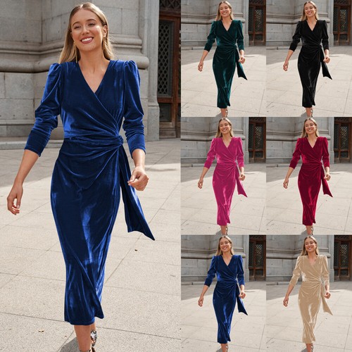 Womens Velvet Party Evening Long Dress Puff Sleeve Wraps Tie V Neck ...