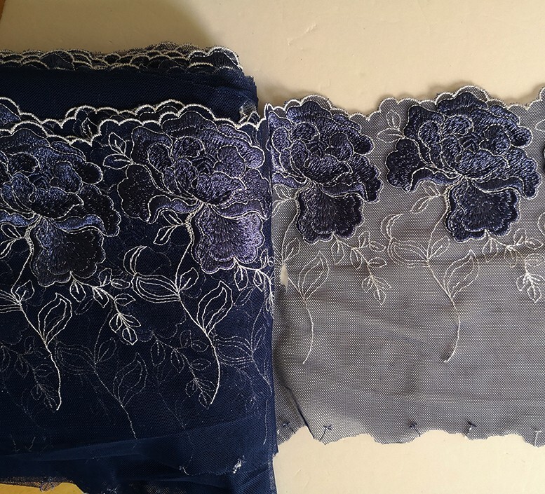 3.5 Yards 7.5" Wide Dark Blue Tulle Lace/Embroidered Blue/Silver Flower ...