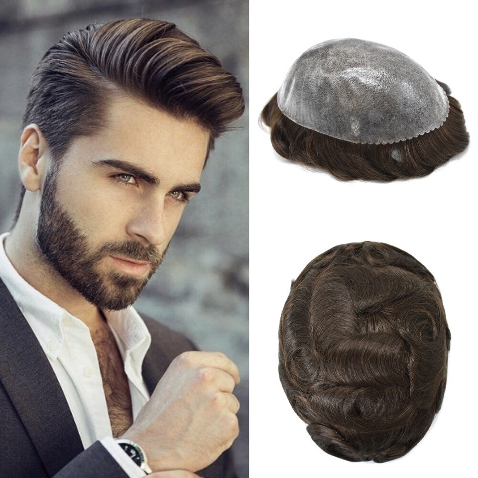 Mens Toupee Human Hair Units Thin Skin Hair System Full Poly PU Hair ...