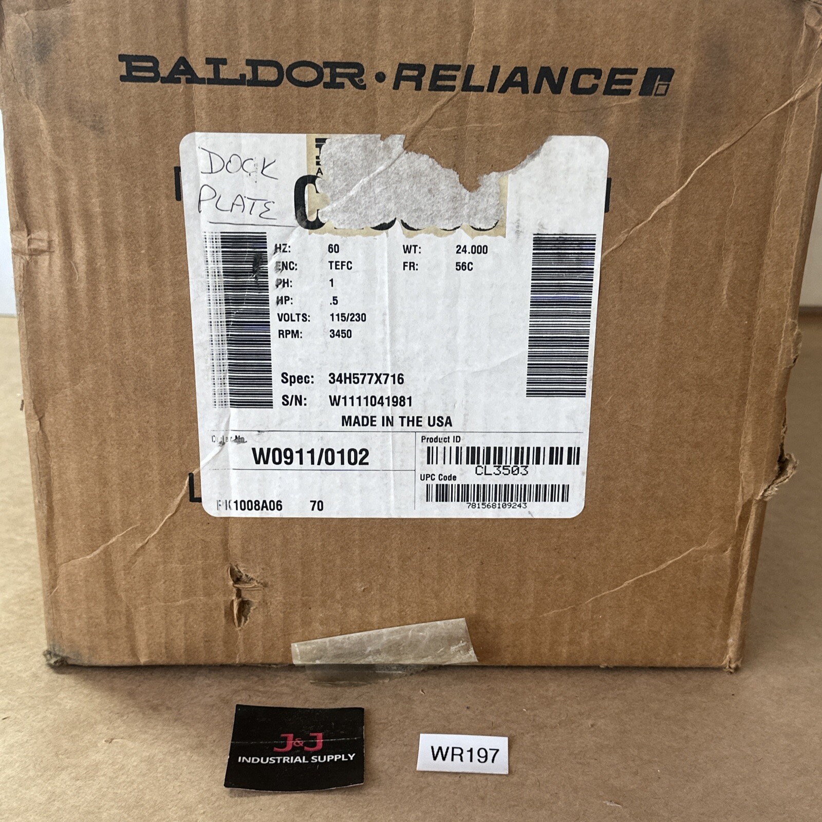 NEW IN BOX- Baldor Reliance 1/2HP 1Ph CL3503 115/230V 3450RPM 56C ...