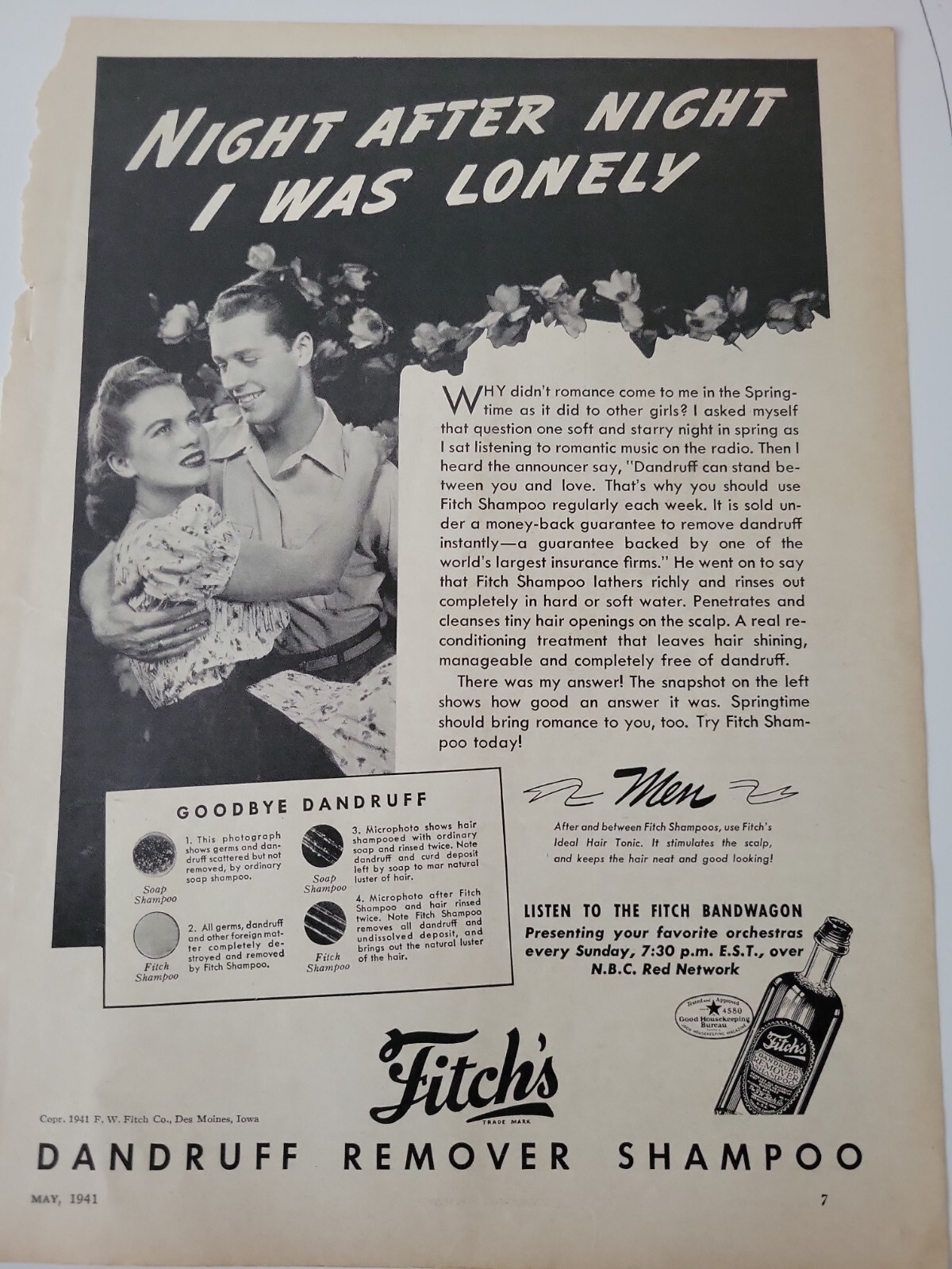 1941 Fitch's Dandruff remover shampoo Night after night I was lonely ...