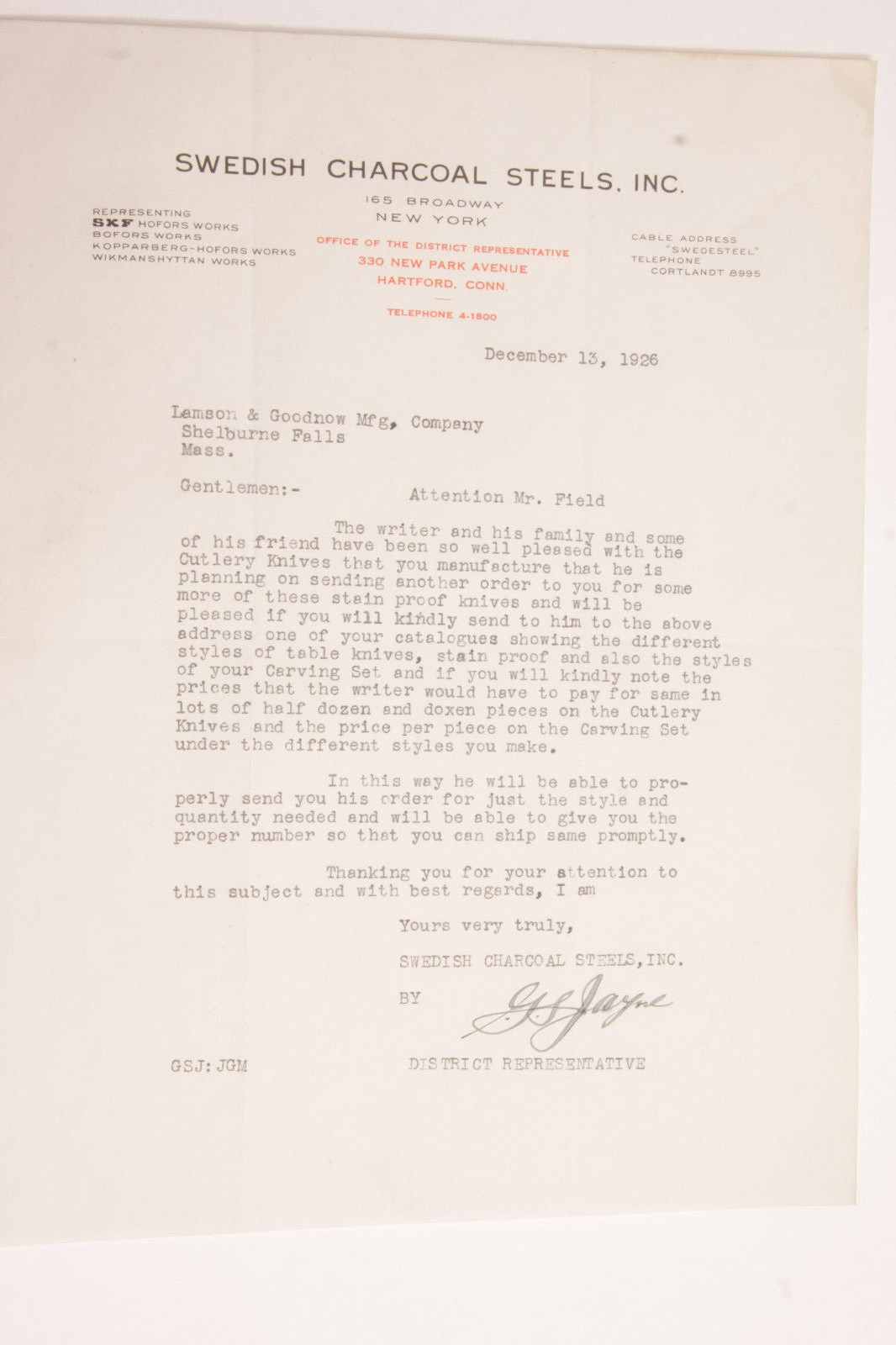 1926 Lamson Goodnow Swedish Charcoal Steels Inc Hartford CT NYC ...