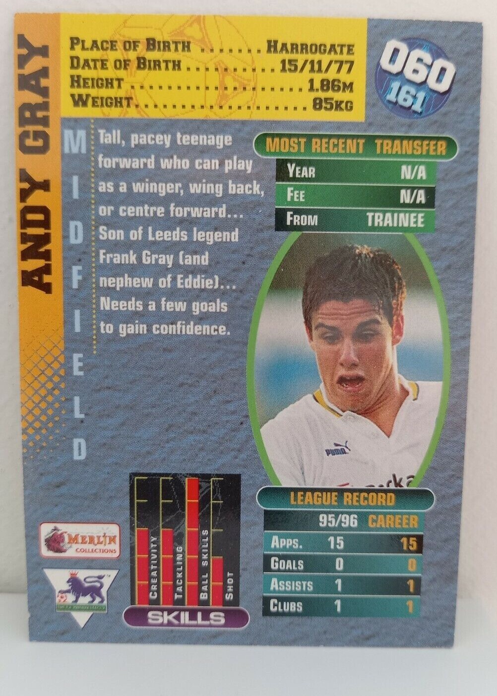Andy Gray - Leeds Merlin Premier Gold 1996/97 Soccer Card #060 Mint ...