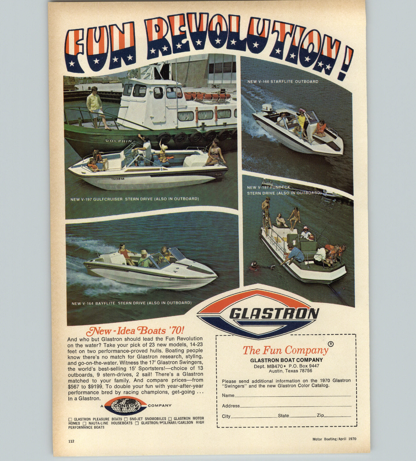 1970 PAPER AD Glastron Motor Boat V-164 Bayflite Gulfcruiser Fundeck ...