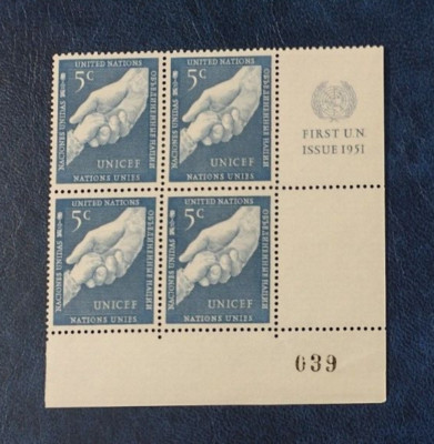UNITED NATIONS NY 1951 SCOTT #5 * 5 Cent Inscription Block of 4 Control ...