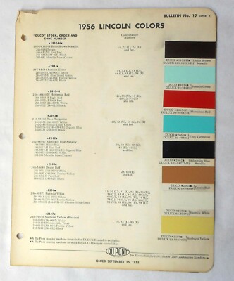 1956 LINCOLN DUPONT COLOR PAINT CHIP CHART ALL MODELS ORIGINAL | eBay