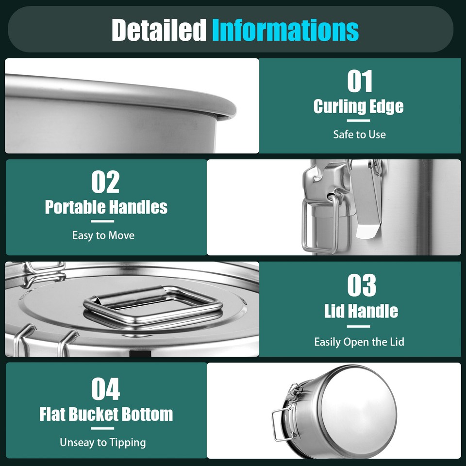 12L Stainless Steel Storage Bucket with Lid - Durable, Airtight ...