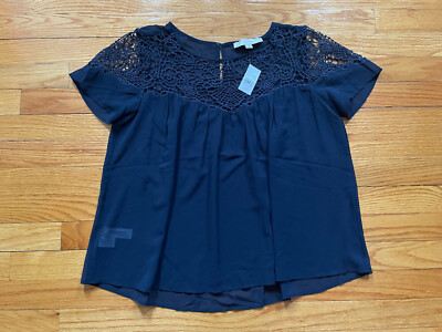 Ann Taylor LOFT Navy Blue Lace Lacy Sheer Short Sleeve Blouse Top sz XS ...