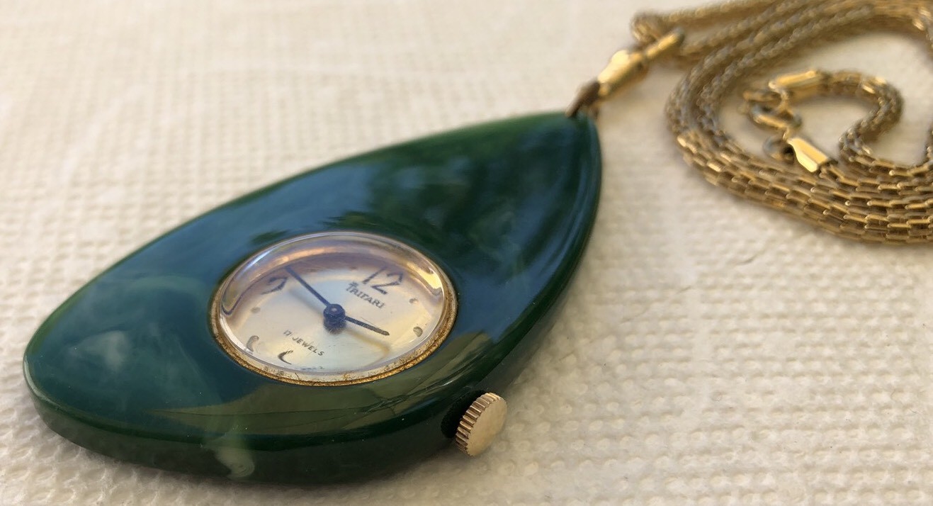 Vtg Trifari Necklace Pendant Watch Green Swirled Lucite Works 17J | eBay