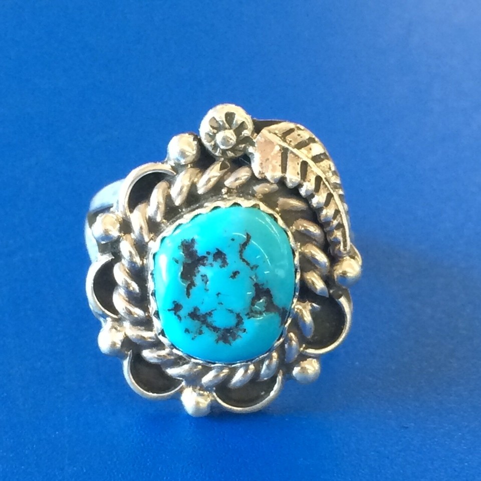 Native Ring Sterling Silver Blue Turquoise Flower Leaf Indian FREE ...