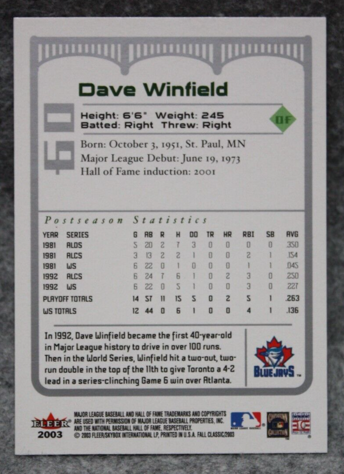 Dave Winfield 2003 Fleer Fall Classic #60 Blue Jays | eBay