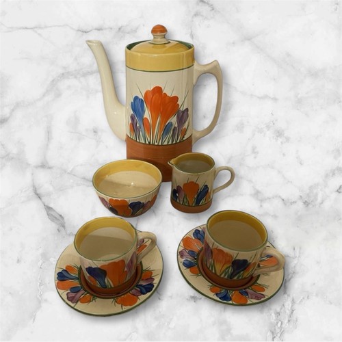 Clarice Cliff Early Autumn Crocus Coffee Pot, Sugar, Milk Jug, Two ...