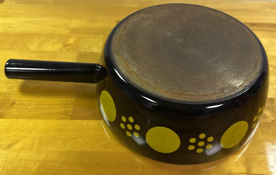 Vintage MCM Swiss Perk Polka Dot Black Yellow Enamel 8" Fondue Pot ...