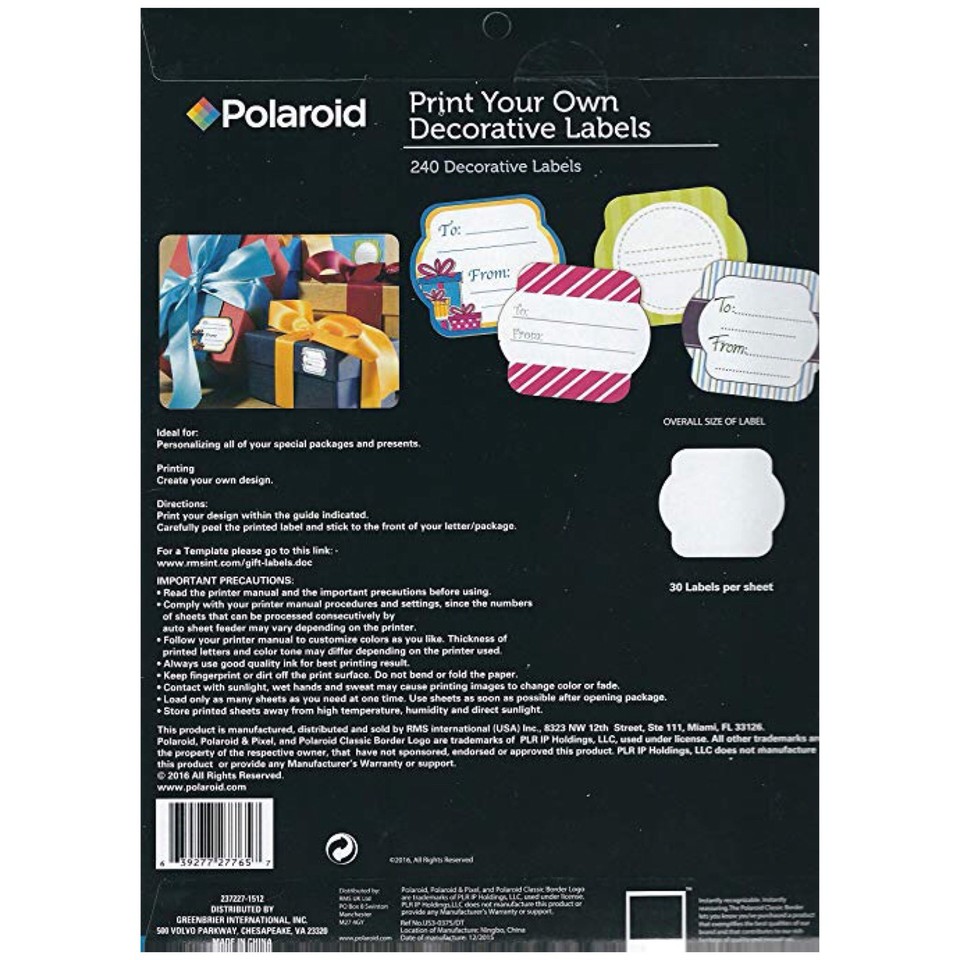 Polaroid Print Your Own 240 Decorative Labels LABEL/BRD-237227-1512 | eBay
