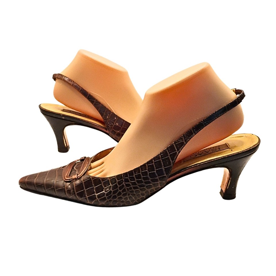 Vintage Isaac Leather Slingback Kitten Heel Pumps Women 10B Brown Croc ...