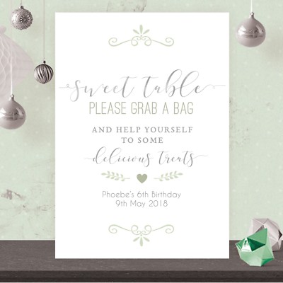 Personalised Sweet Table Sign For Wedding Party Sage Green & Silver ...