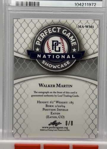 Walker Martin 2022 Leaf Perfect Game Blue Wave Auto 8/8 PSA 10 💎 Giants ...