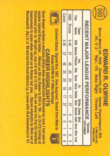Ed Olwine 1987 Donruss 560 Atlanta Braves Rookie Baseball Card | eBay