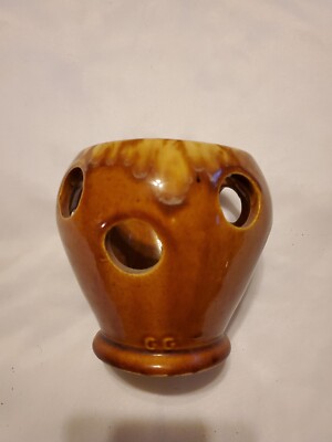 Vintage Brown Glazed Pottery Flower Frog Marked GG | eBay