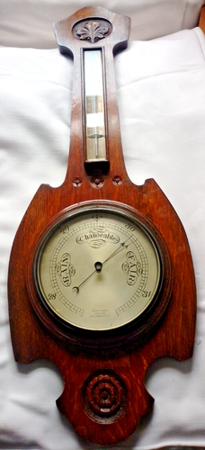 Antique Art Deco - carved Oak aneroid Barometer/Thermometer - 84cm L x ...